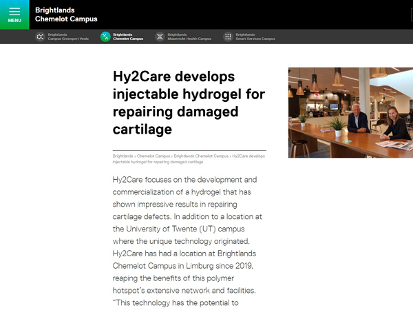 Article Brightlands: Hy2Care develops injectable hydrogel for repairing damaged cartilage | Hy2Care